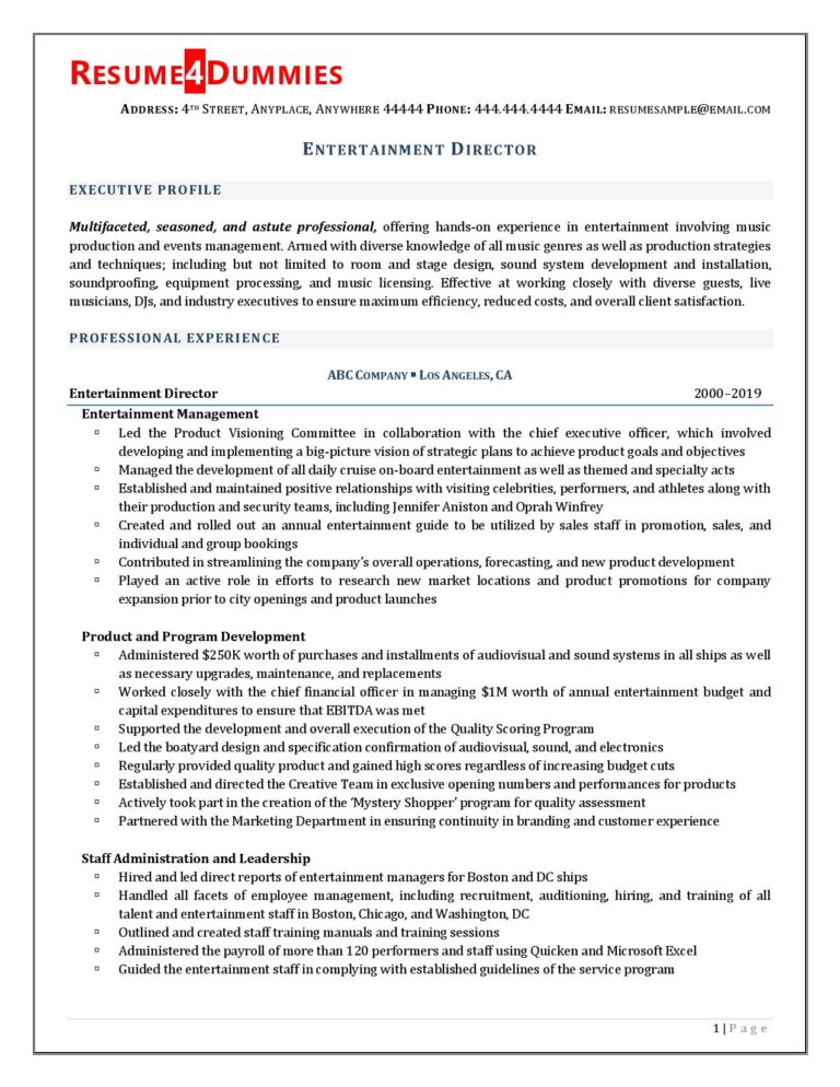 Entertainment Director Resume Example | Resume4Dummies