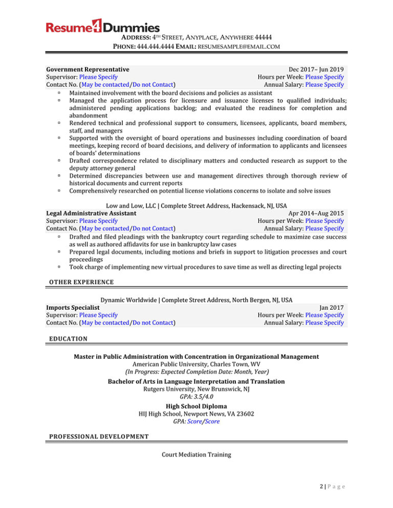 Attorney Federal Resume Example | Resume4Dummies
