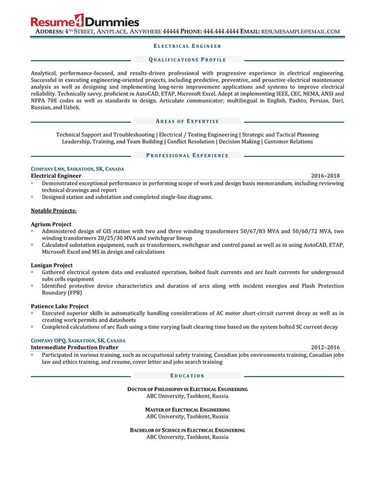 Electrical-Engineer_Resume-Example-1 - Resume4Dummies Electrical-Engineer_Resume-Example-1 - Resume4Dummies